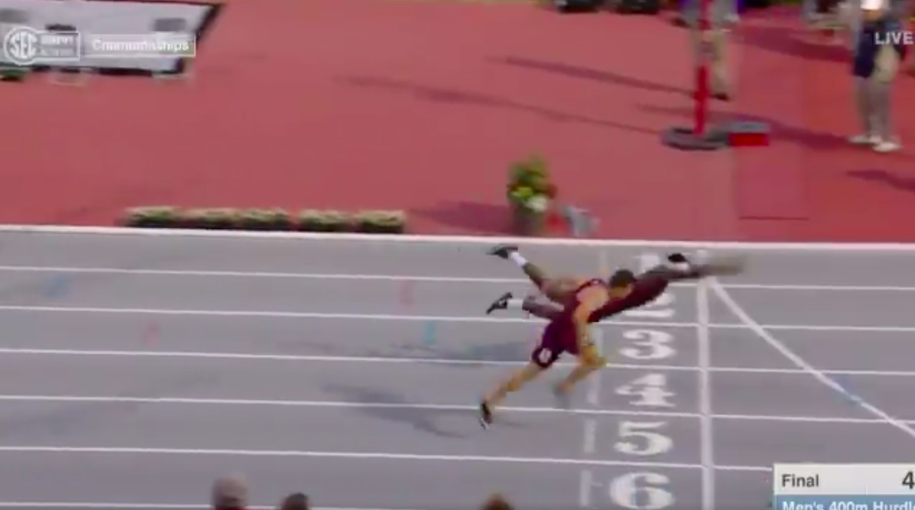 WATCH: Texas A&M hurdler Infinite Tucker does his best Superman to beat ...