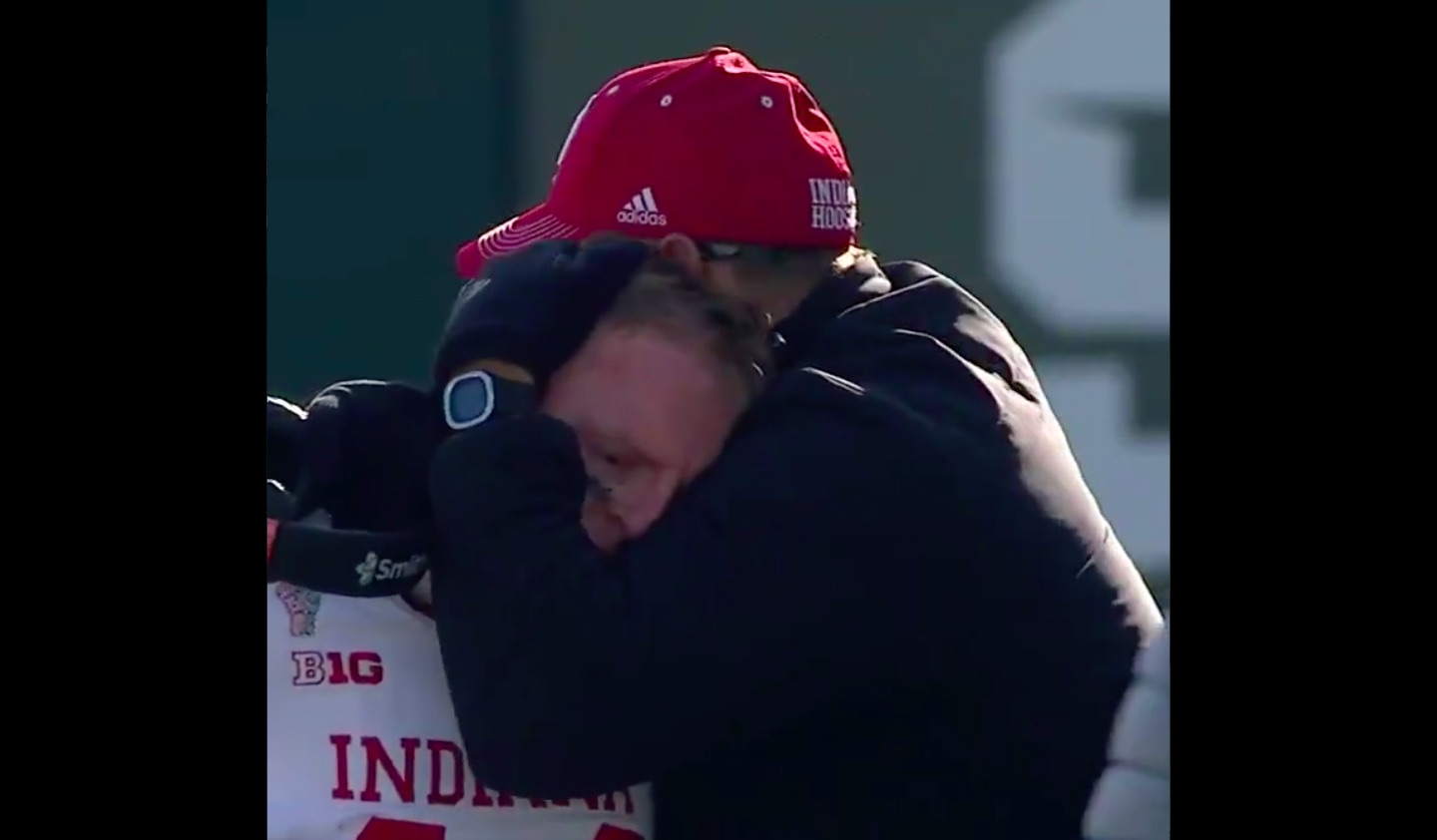 Emotional Indiana coach Tom Allen embraces son as he's carted off with ...