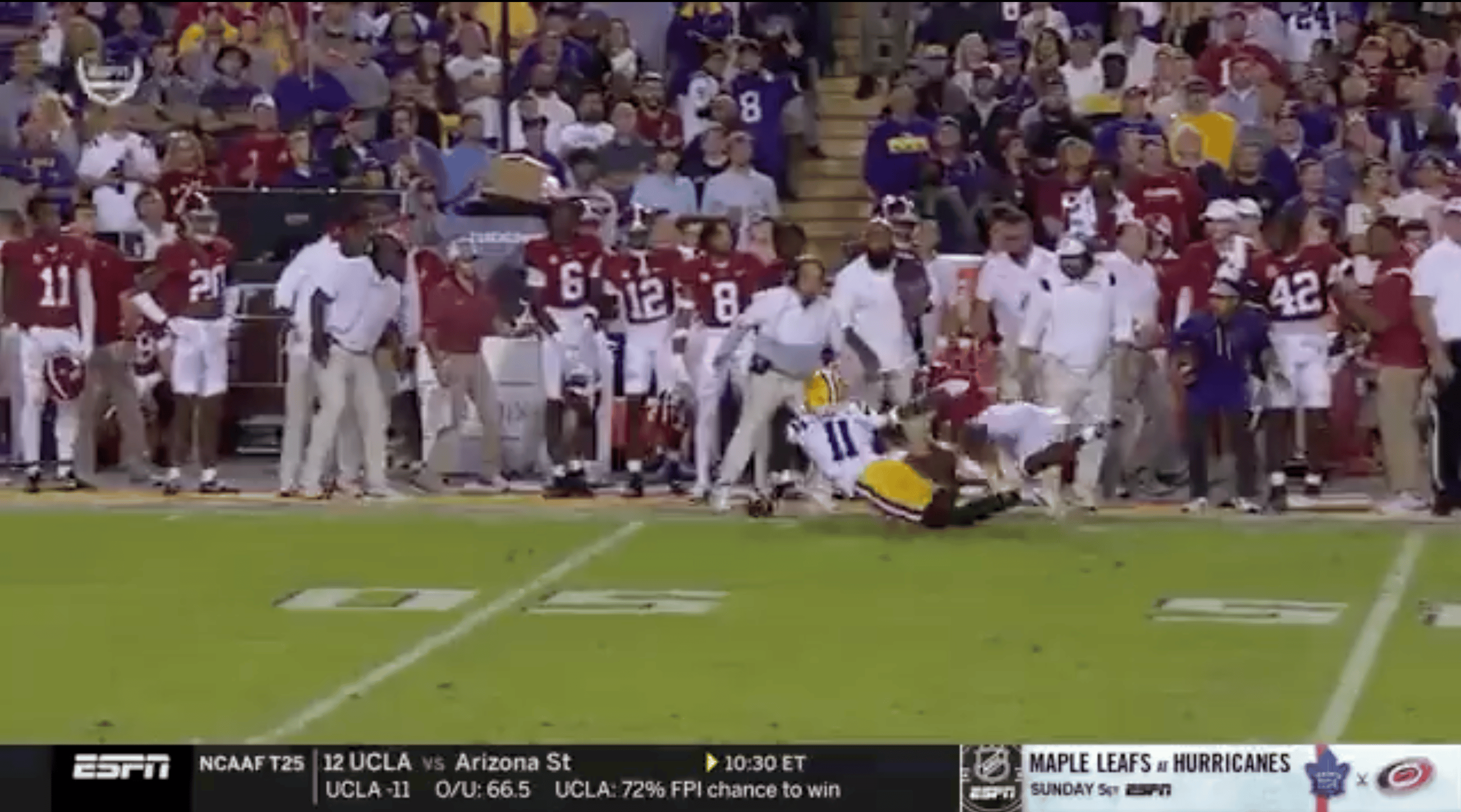 Nick Saban takes rough fall to ground during sideline collision ...