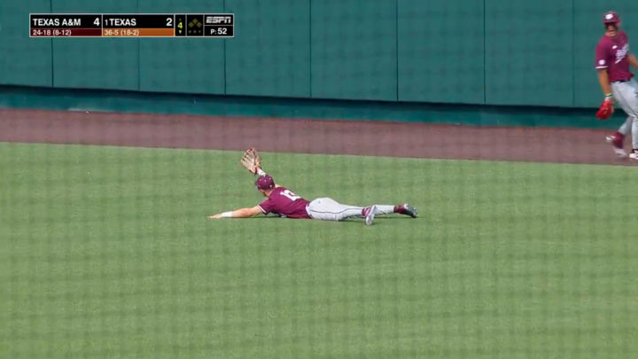 Texas A&M OF Caden Sorrell goes airborne for Superman-esque grab vs ...