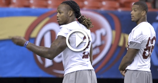 Video: Derrick Henry practices jump pass during pregame walkthrough