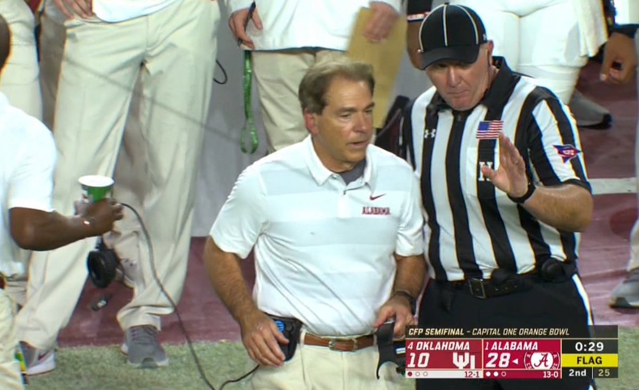 WATCH: Nick Saban breaks headset after Alabama's penalty-filled drive