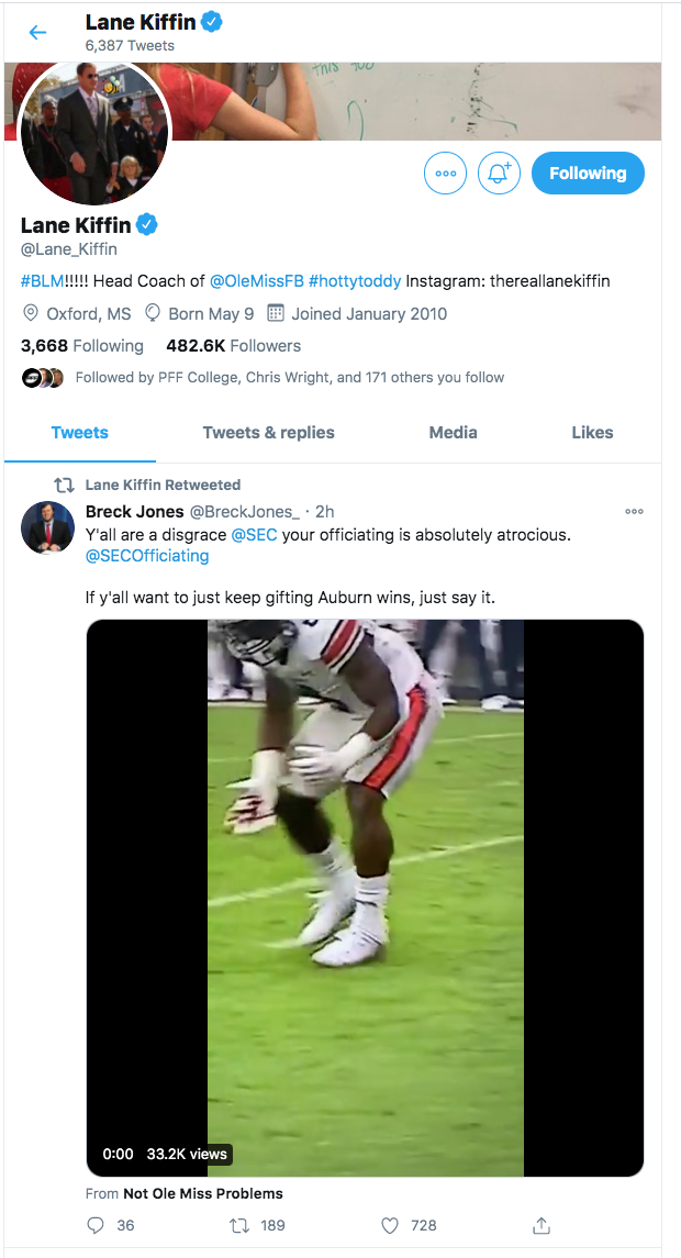 Lane Kiffin's recent tweet may be accurate but may end in a fine